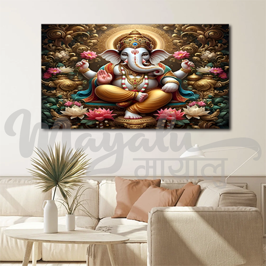 Single Panels Framed Ganesh with Lotus Canvas Printing Picture Art Hom ...